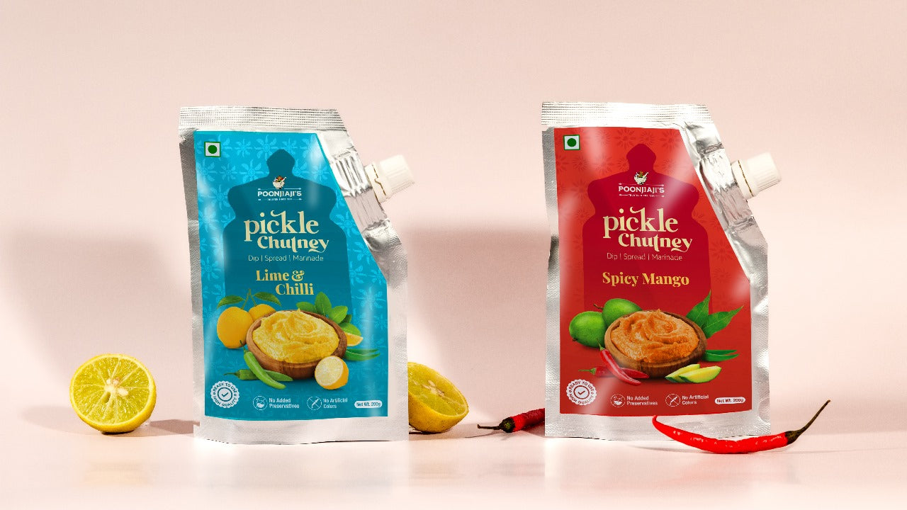 Poonjiaji's Lime & Chilli and Spicy Mango Pickle Chutney Combo (200g x ...
